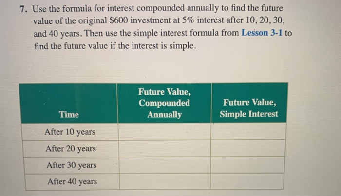 Solved 7. Use the formula for interest compounded annually | Chegg.com
