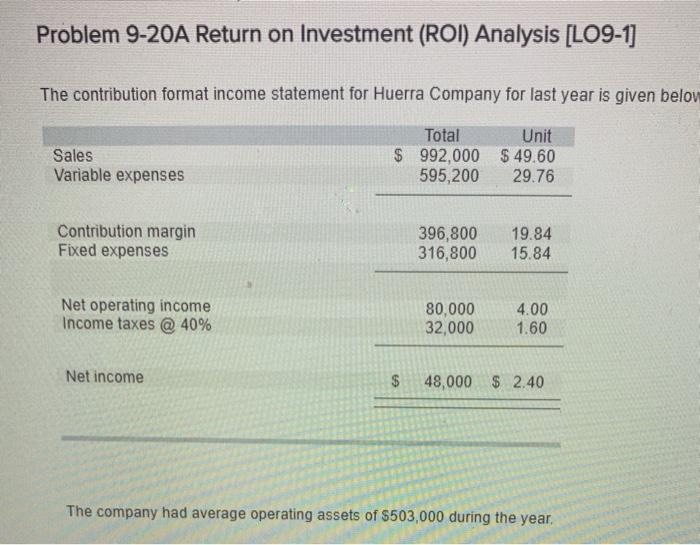 Solved Problem 9-20A Return on Investment (ROI) Analysis | Chegg.com