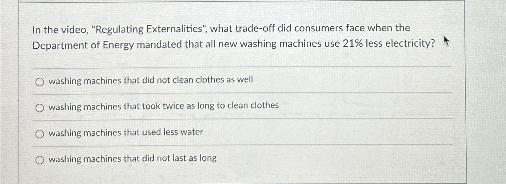 Solved In the video, "Regulating Externalities", what | Chegg.com