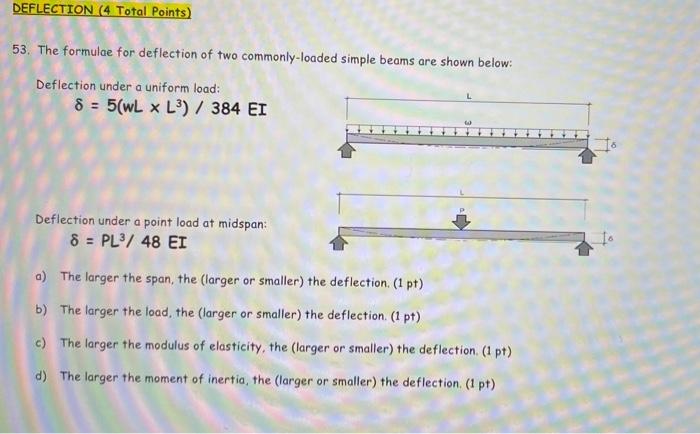 Solved DEFLECTION (4 Total Points) 53. The formulae for | Chegg.com