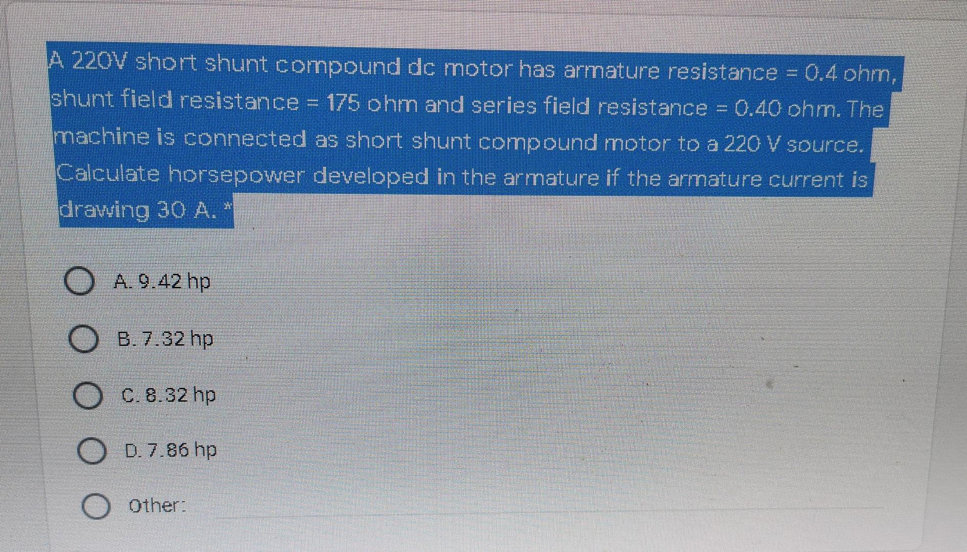 Solved A 220V short shunt compound de motor has armature | Chegg.com