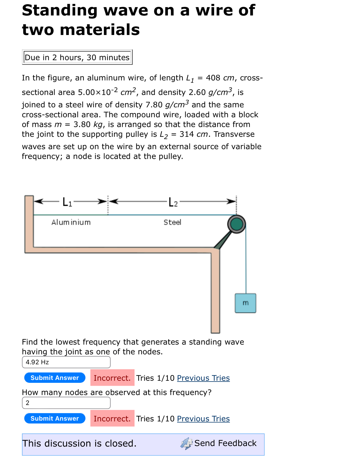 Solved Standing wave on a wire of two materialsDue in 2 | Chegg.com