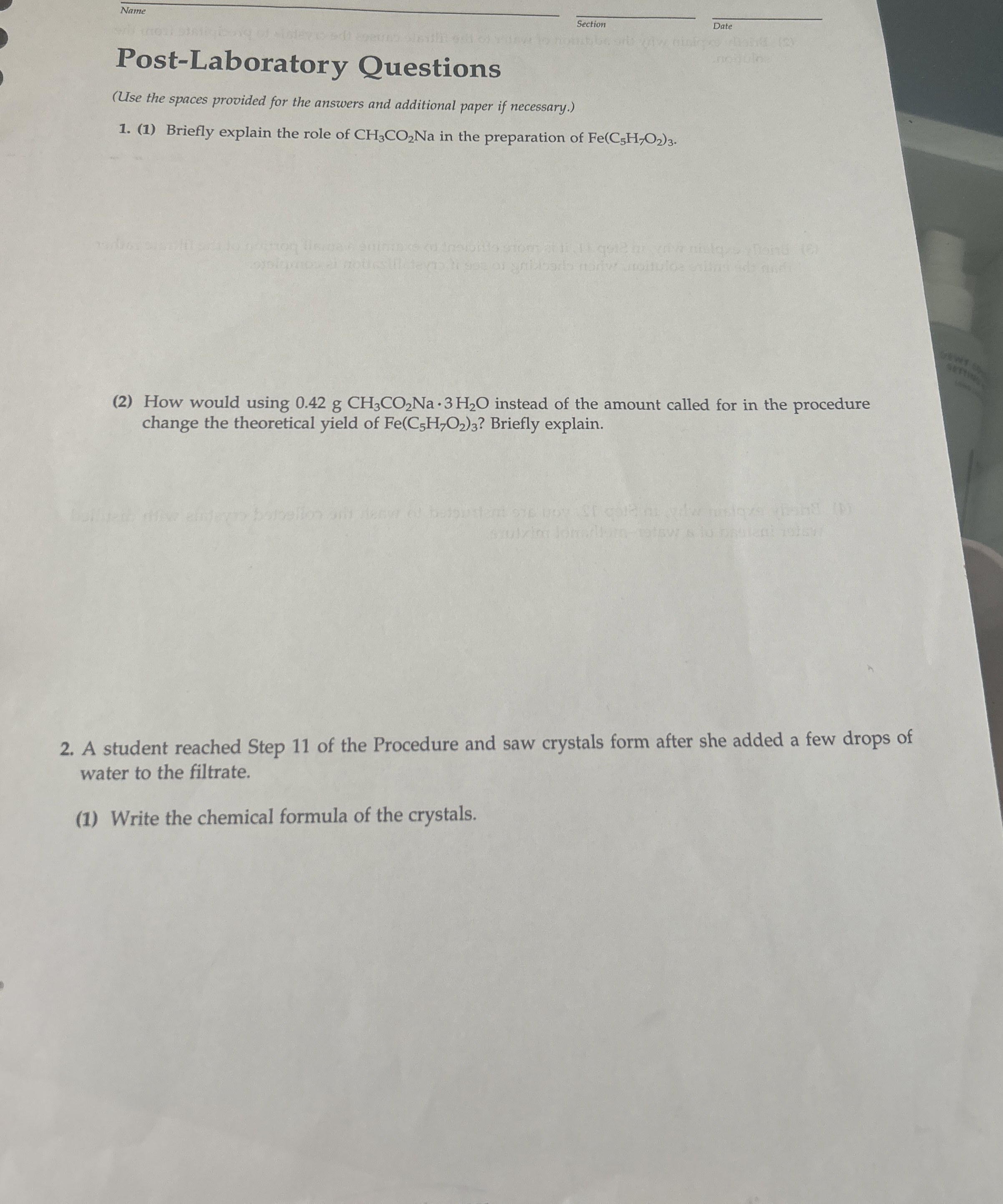 Solved NameSectionDatePost-Laboratory Questions(Use the | Chegg.com