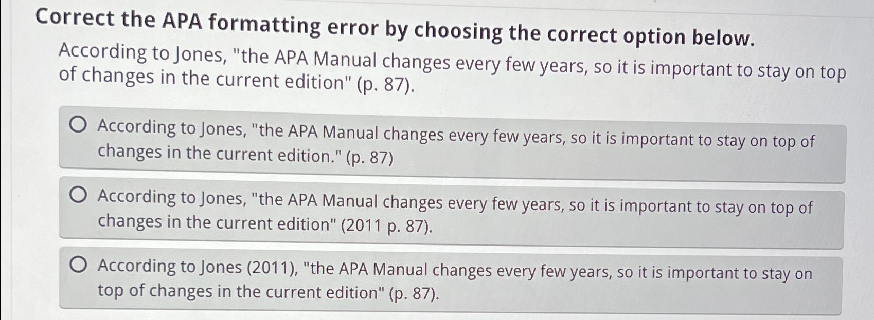 Solved Correct the APA formatting error by choosing the | Chegg.com