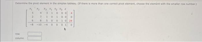 Solved Determine the plvot element in the simplex tableau. | Chegg.com