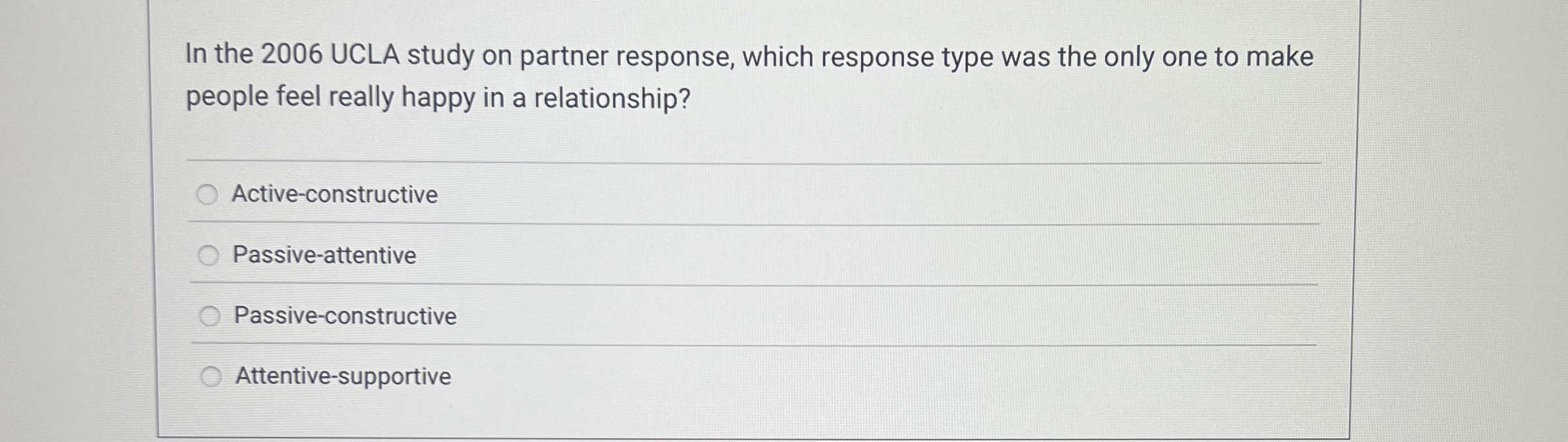 Solved In the 2006 ﻿UCLA study on partner response, which | Chegg.com