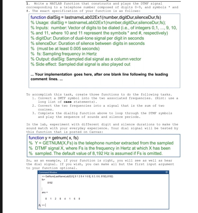 1. Write a MATLAB function that constructs and plays | Chegg.com
