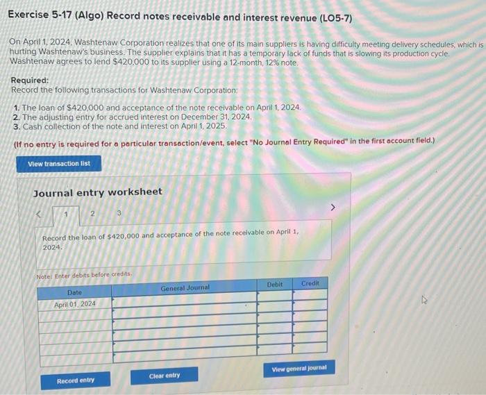 Solved Exercise 5-17 (Algo) Record notes receivable and | Chegg.com Solved Exercise 5-17 (Algo) Record notes receivable and | Chegg.com