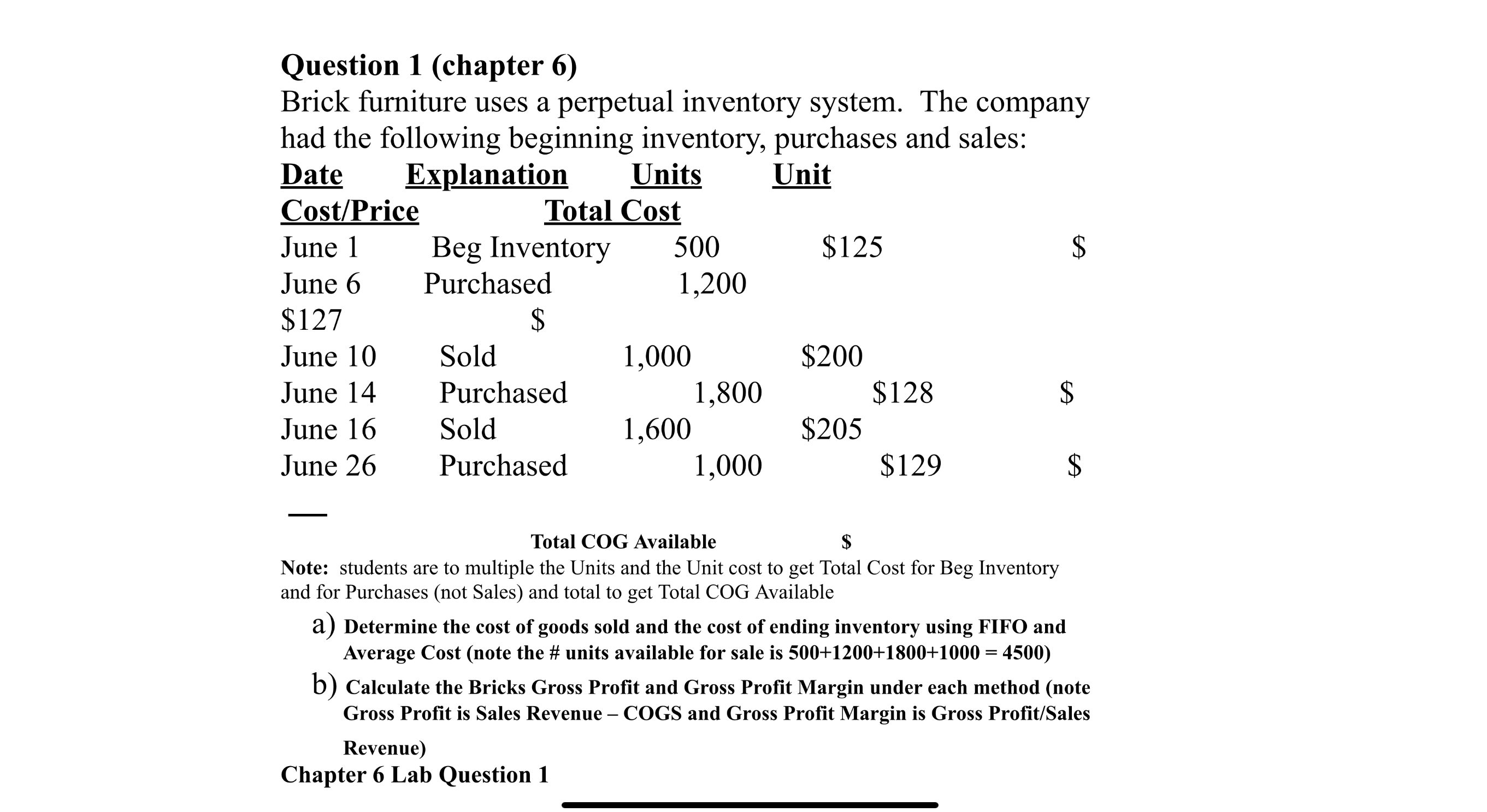 Solved Question 1 (chapter 6)Brick furniture uses a | Chegg.com