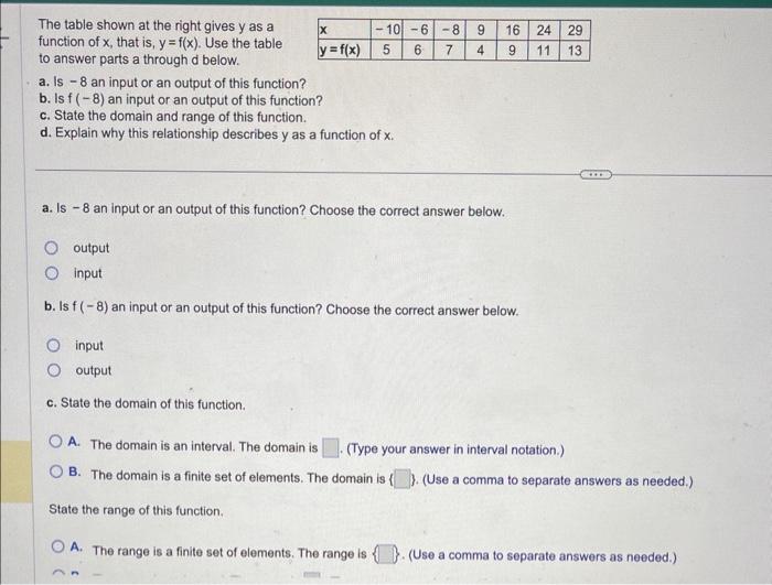 Solved The table shown at the right gives y as a function of | Chegg.com