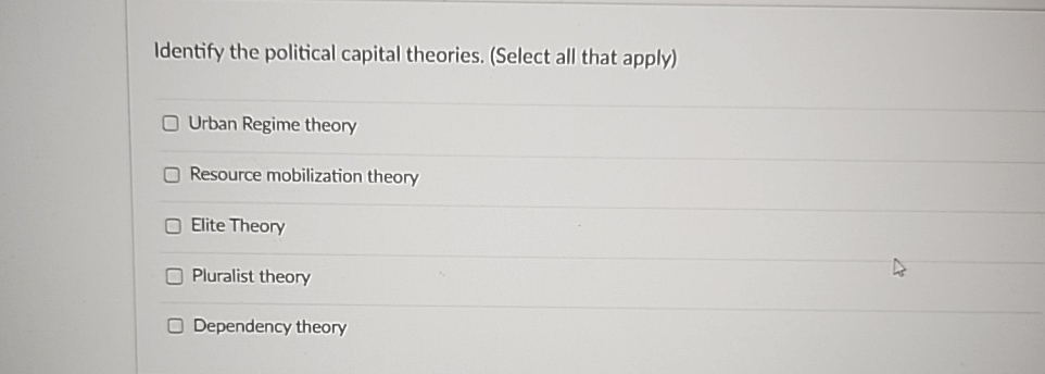 Solved Identify the political capital theories. (Select all | Chegg.com