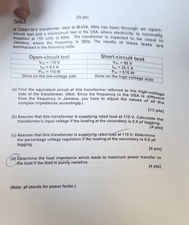 Solved T.(25) ﻿pts)A. 2200119-V ﻿transformet rated at | Chegg.com