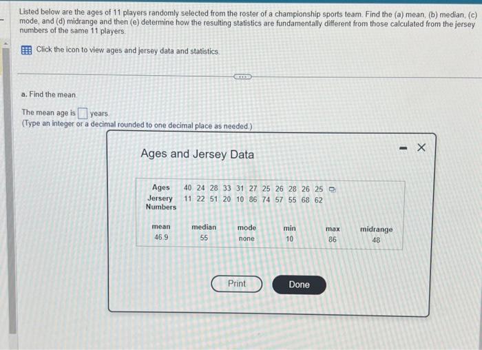 Solved Listed below are the ages of 11 players randomly | Chegg.com