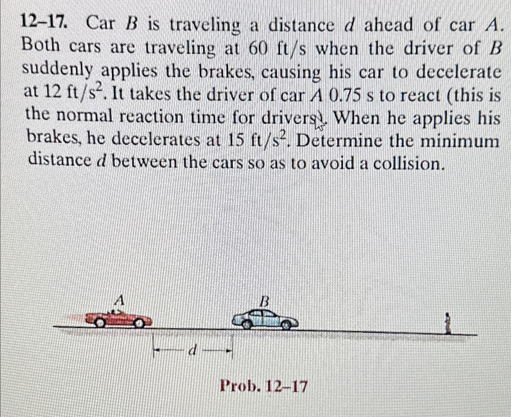 Solved 12-17. Car B is traveling a distance d ahead of car | Chegg.com