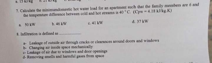 Solved 7. Calculate the minimumdomestic hot water load for | Chegg.com
