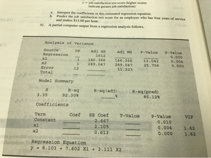 Solved and 51. A partial computer output from a regression | Chegg.com