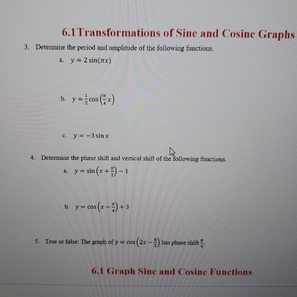 Solved 6.1 Transformations of Sine and Cosine Graphs 3. | Chegg.com