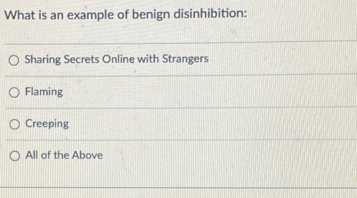 Solved What is an example of benign disinhibition:Sharing | Chegg.com