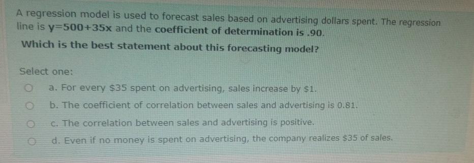 Solved A regression model is used to forecast sales based on | Chegg.com