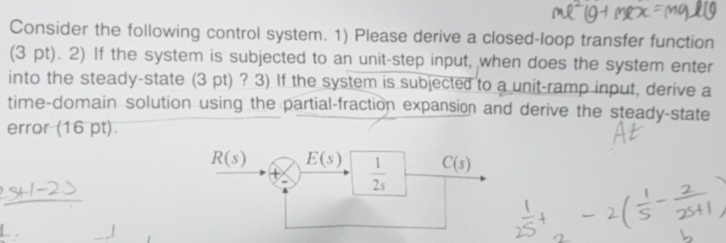 Solved ml2θ+mlx=mglθConsider the following control system. | Chegg.com