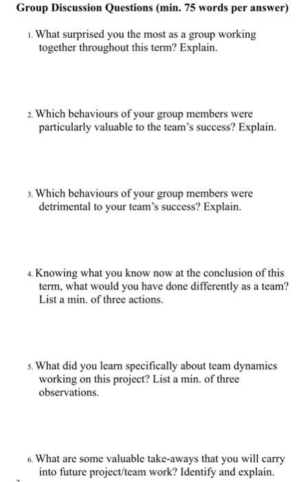 Solved Group Discussion Questions (min. 75 words per answer) | Chegg.com