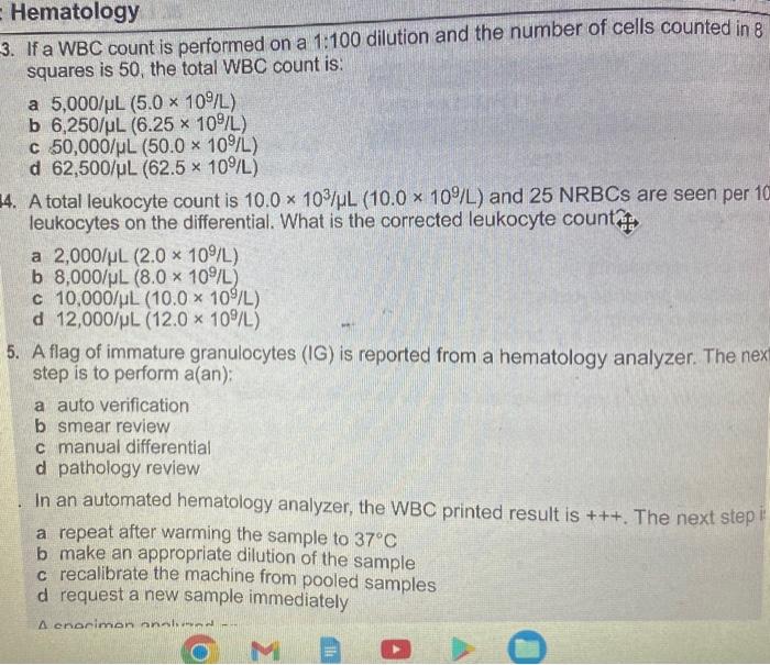 Solved Hematology If a WBC count is performed on a 1:100 | Chegg.com
