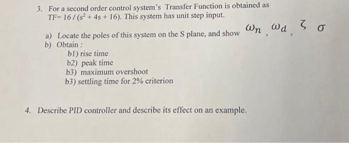 Solved 3. For a second order control system's Transfer | Chegg.com