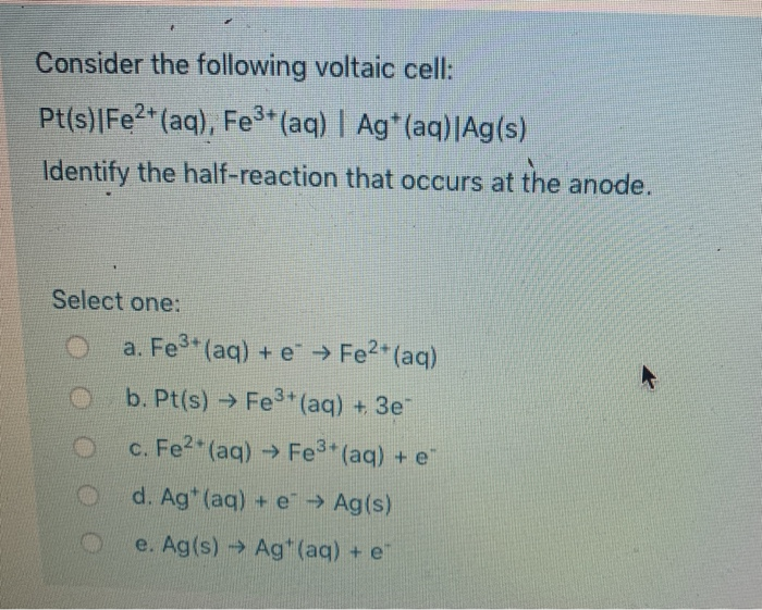 Solved Consider the following voltaic cell: Pt(s)[Fe2+ (aq), | Chegg.com