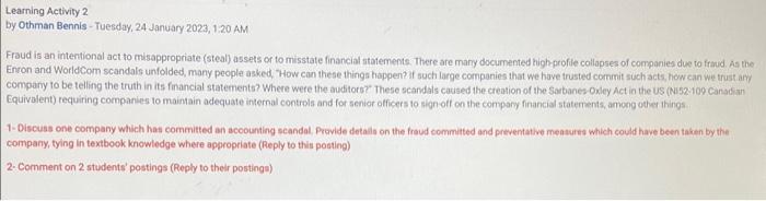 Solved Learning Activity 2 by Othman Bennis - Tuesday, 24 | Chegg.com