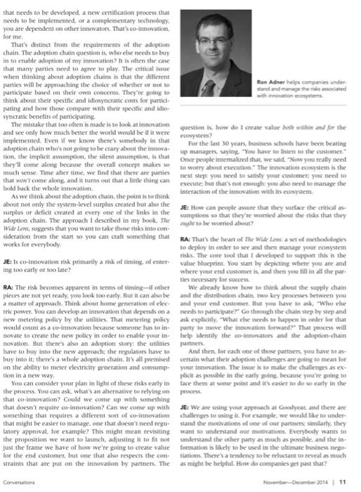 Innovation Ecosystems An Interview with Ron Adner Ron | Chegg.com