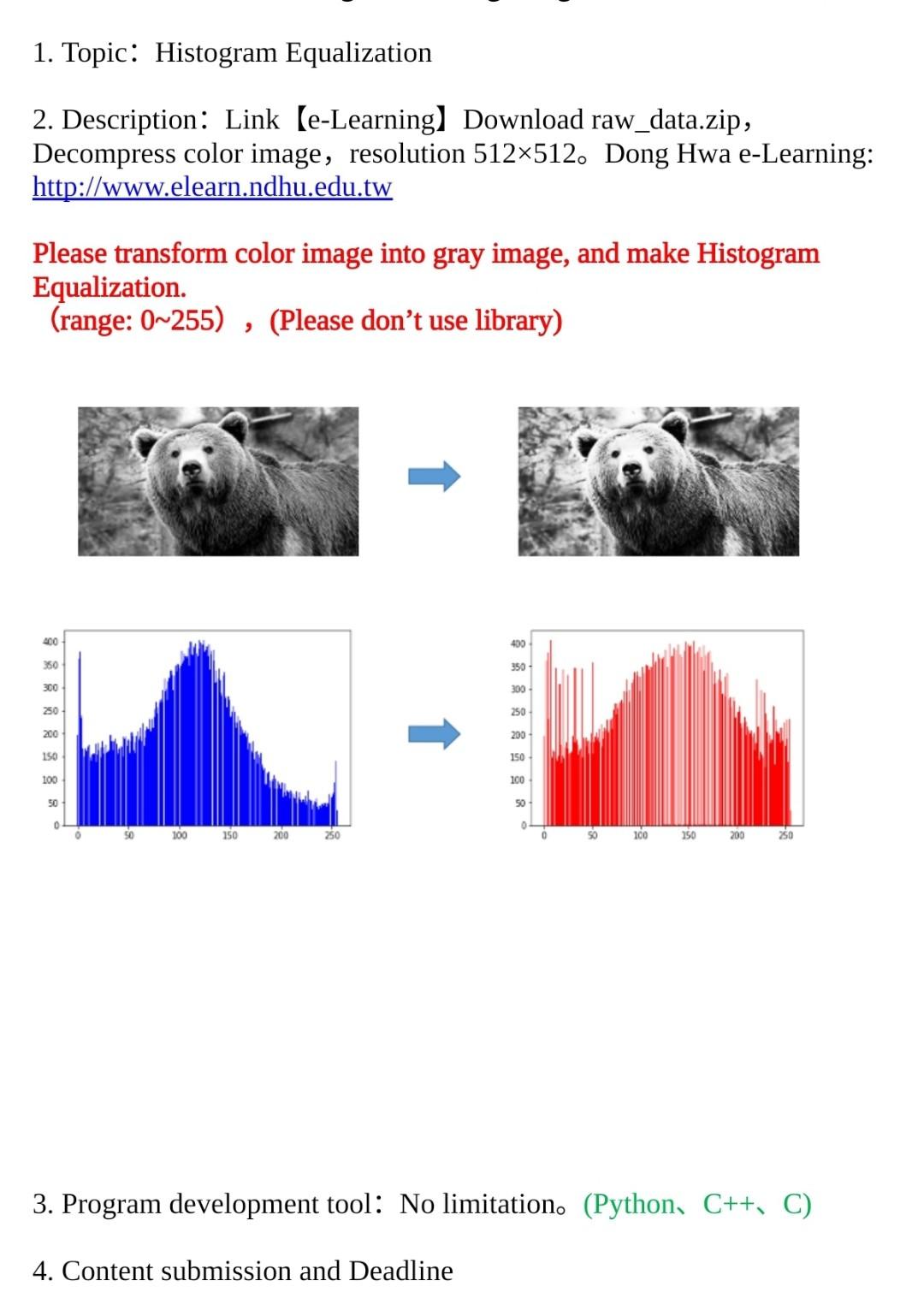 1. Topic: Histogram Equalization 2. Description: Link | Chegg.com