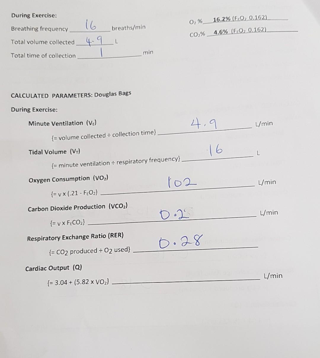 Effect of Exercise on Respiration Data Sheet Measured | Chegg.com