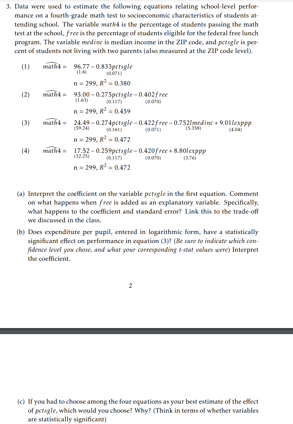 Solved Data were used to estimate the following equations | Chegg.com