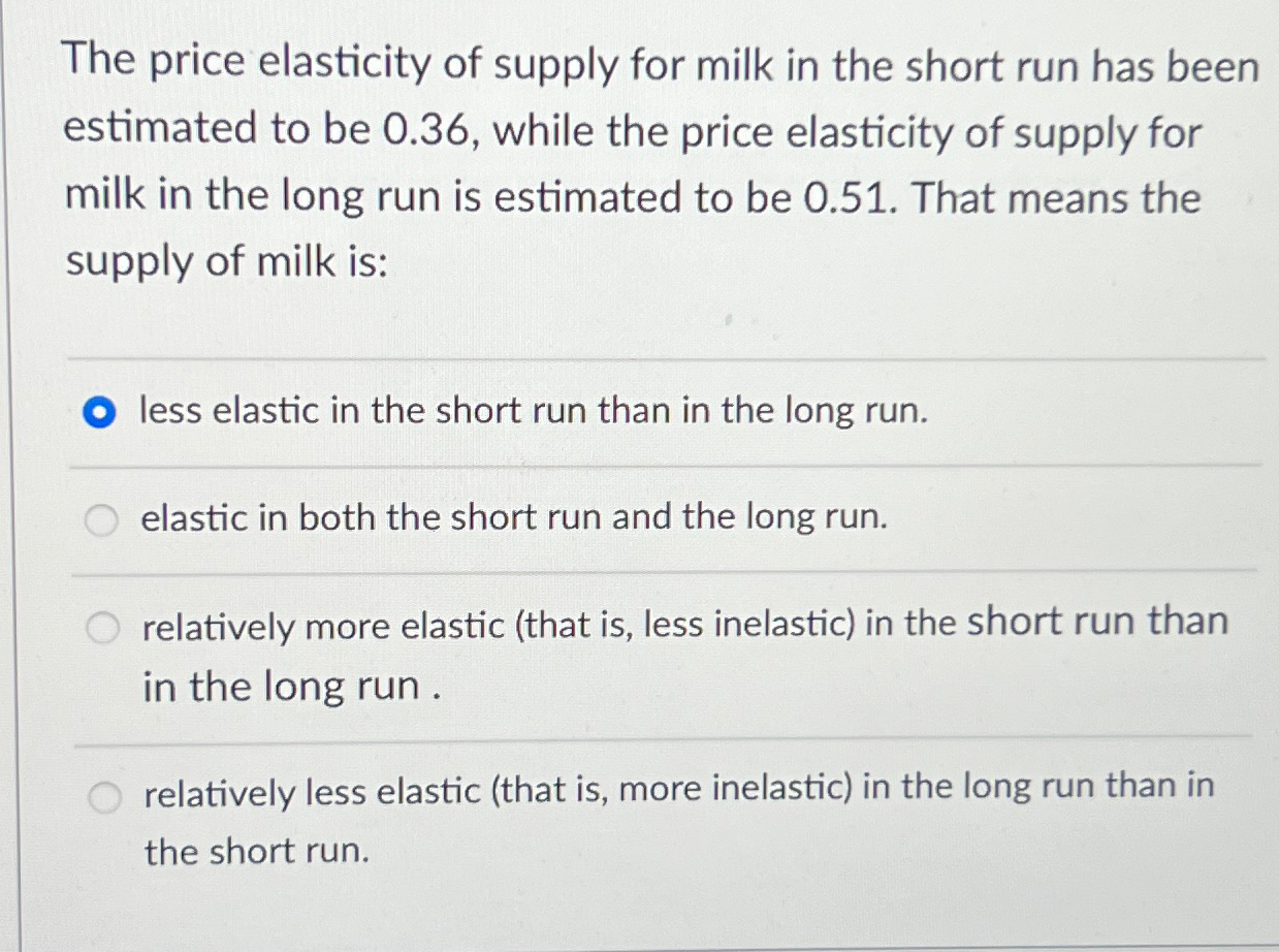 Solved The price elasticity of supply for milk in the short | Chegg.com