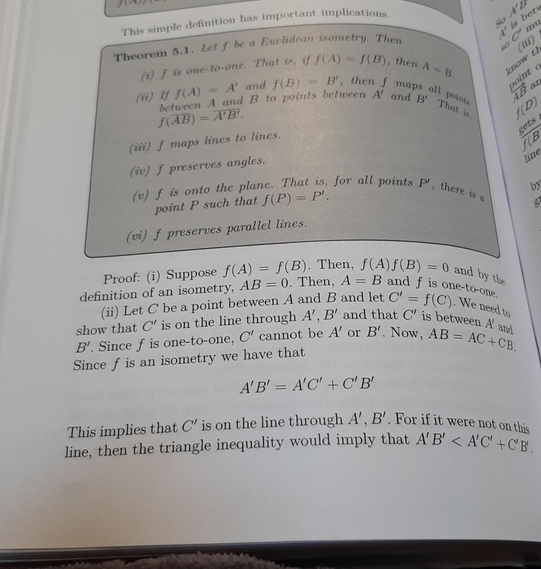 Solved Theorem 5.1. Let f be a Euclidean isometry. Then (i) | Chegg.com