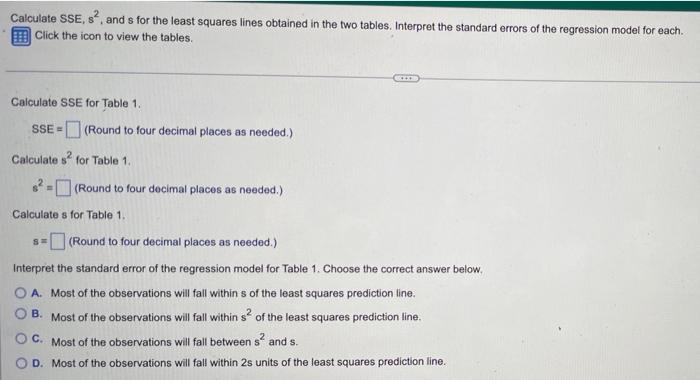 Solved Calculate SSE, s², and s for the least squares lines | Chegg.com