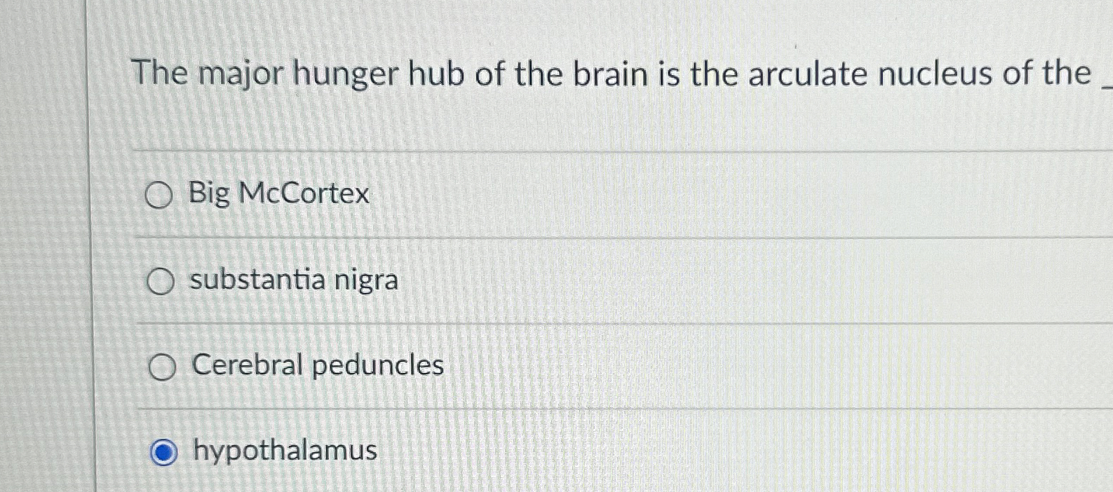 Solved The major hunger hub of the brain is the arculate | Chegg.com