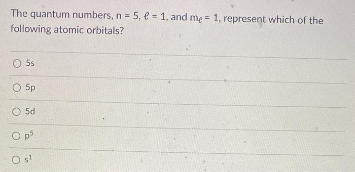 Solved The quantum numbers, n = 5, e = 1, and me = 1, | Chegg.com