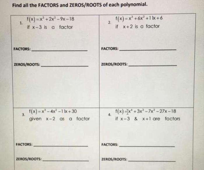 Solved Find all the FACTORS and ZEROS/ROOTS of each | Chegg.com