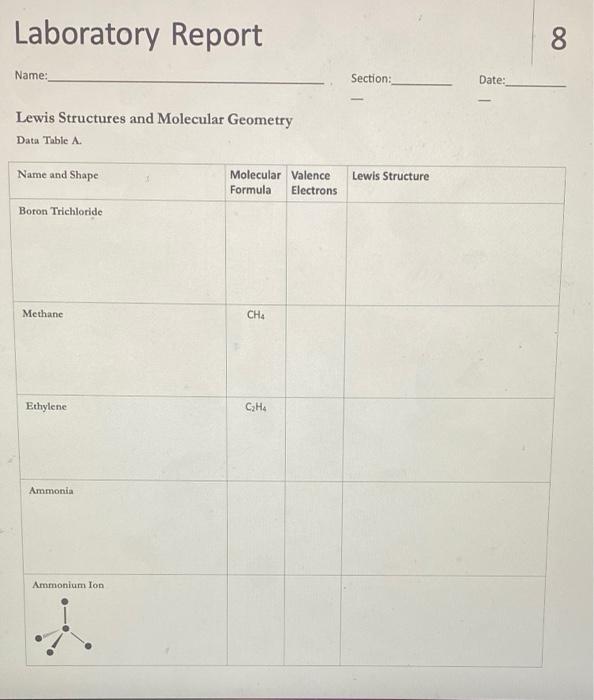 Solved Laboratory Report 8 Name: Section: Date: Lewis | Chegg.com