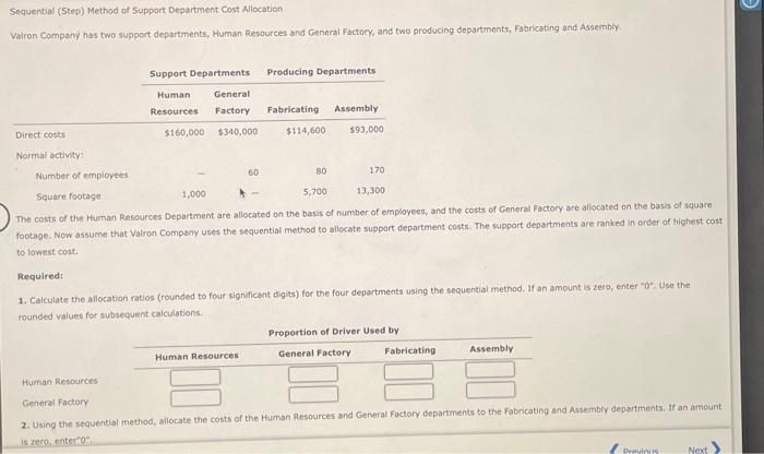 Solved Sequential (Step) Method of Support Department Cost | Chegg.com