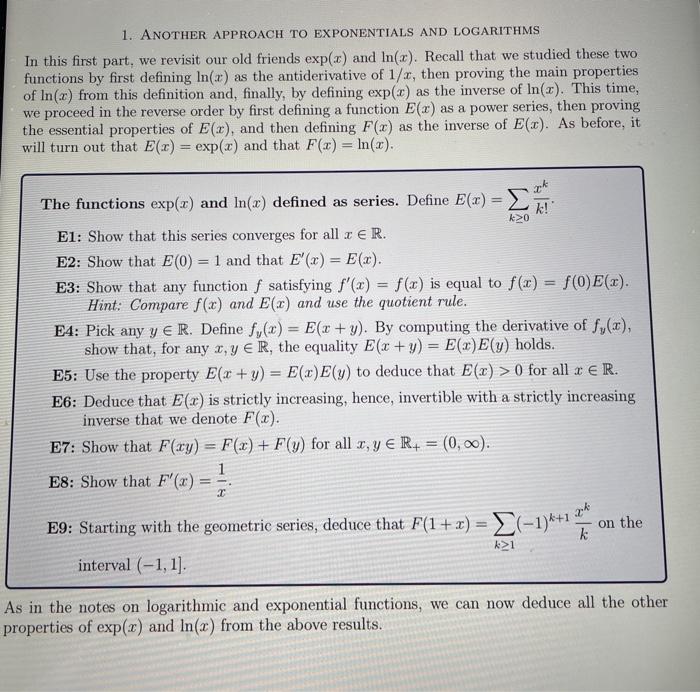 Solved 1. ANOTHER APPROACH TO EXPONENTIALS AND LOGARITHMS In | Chegg.com