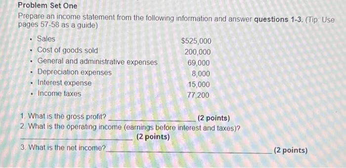 Solved Problem Set One Prepare an income statement from the | Chegg.com