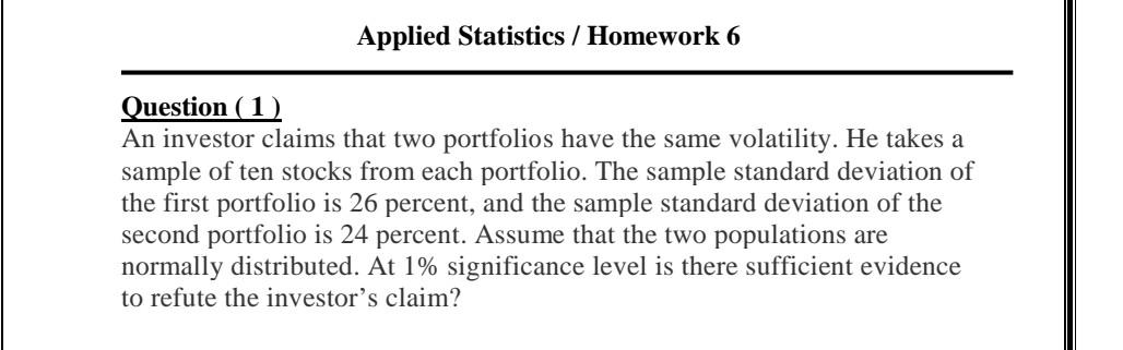 Solved Applied Statistics / Homework 6 Question (1) An | Chegg.com