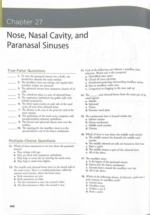 Solved Chapter 27 Nose, Nasal Cavity, and Paranasal Sinuses | Chegg.com