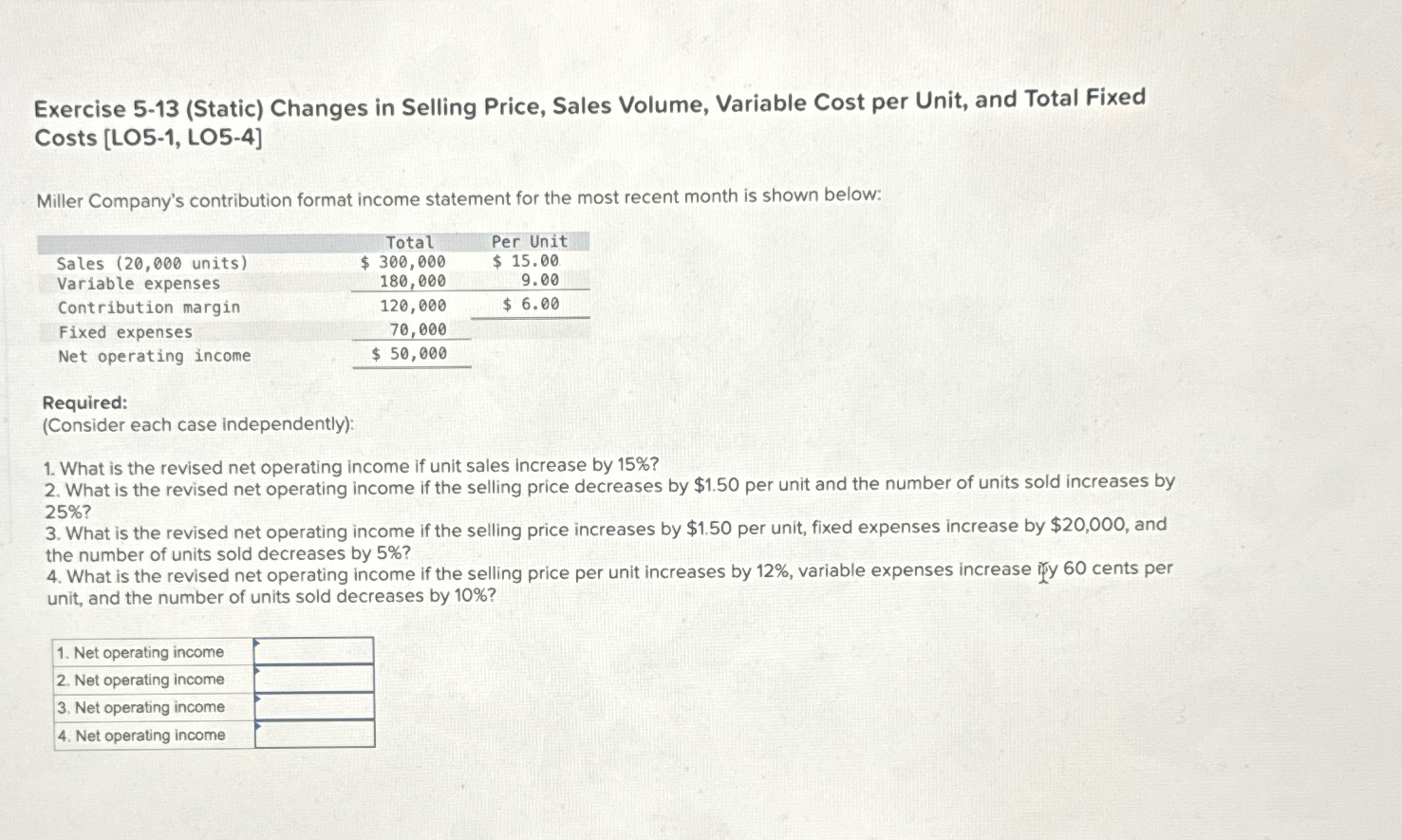 Solved Exercise 5-13 (Static) ﻿Changes in Selling Price, | Chegg.com