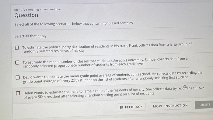 Identify sampling errors and bias Question Select all | Chegg.com