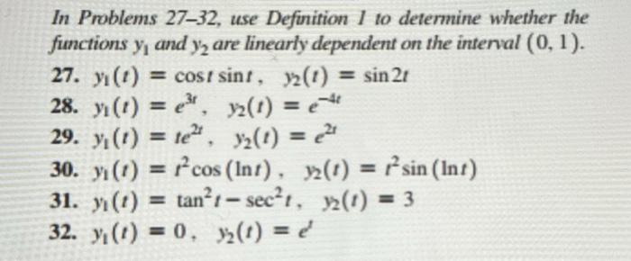 Definition 1. A pair of functions y1(t) and y2(t) is | Chegg.com