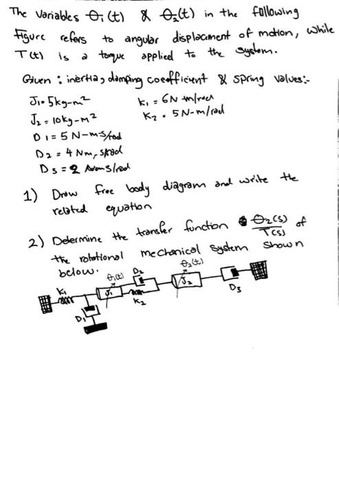 Solved The variables θ1(t)&θ2(t) in the following Figure | Chegg.com