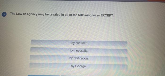Solved The Law of Agency may be created in all of the | Chegg.com